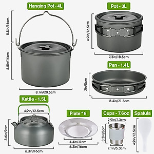 MEETSUN Camping Cookware Set 37 PCs,Large Size Hanging Pot with Camping Pots and Pans Set,Camping Cooking Set for 6 Person, Camping Mess Kit wiht Cups Dishes Forks Spoons Knives for Camping Hiking