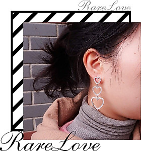 RareLove Bling CZ Crystal Interlocking Three Heart Hollow Dangle Stud Piercing Earrings For Women Silver Plated Alloy Valentines Gift For Her