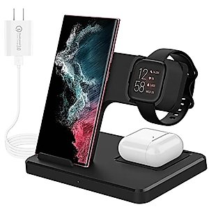 OenFoto 3 in 1 Wireless Charging Station Compatible with Fibit Versa 2 (Not for Versa)– Charging Cable Dock for Samsung Galaxy S22 Ultra S21 Note 20, AirPods Pro, Galaxy Buds Pro(with QC 3.0 Adapter)