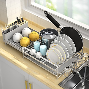 ACMETOP Dish Drying Rack 19" to 27" Expandable Large Capacity Dish Rack Heavy Duty Dish Drainer with Removable Cutlery Rack Cup Holder Aluminium Dish Racks for Kitchen Counter