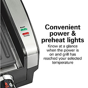 Hamilton Beach Electric Indoor Searing Grill with Adjustable Temperature Control to 450F, 118 sq. in. Surface Serves 6, Removable Nonstick Grate, Viewing Window, Stainless Steel