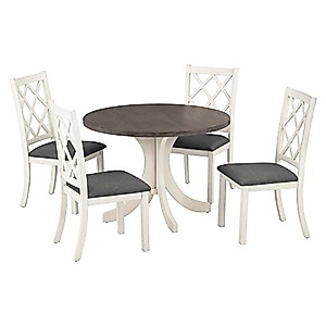 Dinehome Kitchen 5-Piece Solid Wood Round Dining Table Set with 4 Upholstered Chairs for Small Places, Brown+Gray