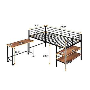 Harper & Bright Designs Low Loft Bed with Desk, Twin Size Metal Loft Bed Frame with Storage Shelves for Kids (Twin Size, Black)