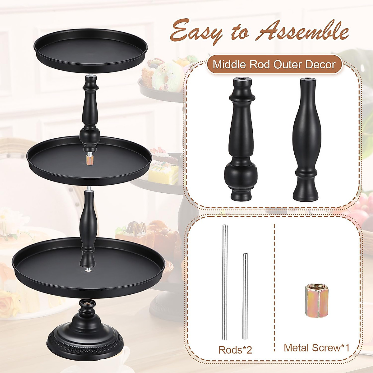 Tioncy 4 Pieces Black Tier Tray Cupcake Stand 3 Tier Metal Round Dessert Display Holder Decorative Tiered Serving Tray Fruit Tower for Birthday Party Wedding Anniversary