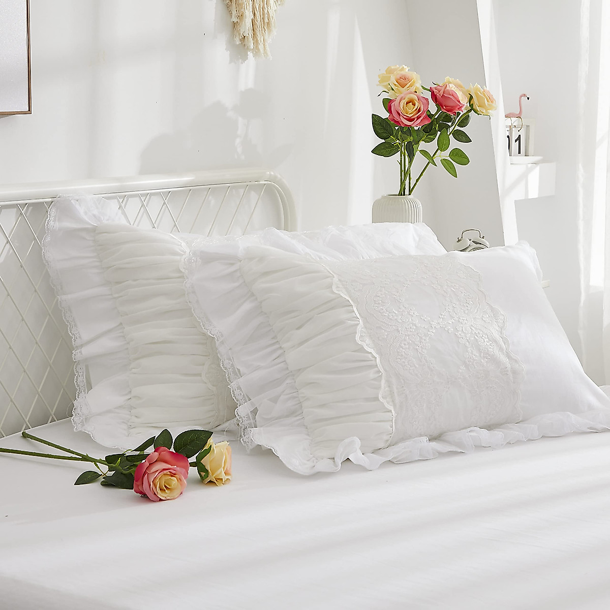 Softta Lace Duvet Cover Set White Bedding 100% Cotton 600 TC Farmhouse 4pcs Bedding Set Soft Romantic Ruffle Boho Flouncing Princess Duvet Cover with Pillowsham and Bedskirt California King