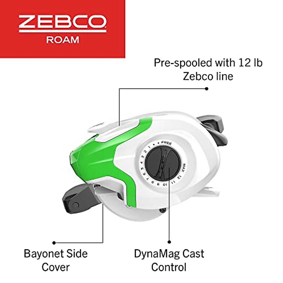 Zebco Roam Baitcast Reel and Fishing Rod Combo, 6-Foot 6-Inch 2-Piece Fiberglass Fishing Pole with Split-Grip MaxTac Rod Handle, Lightweight Graphite Frame, Right-Hand Retrieve, Green