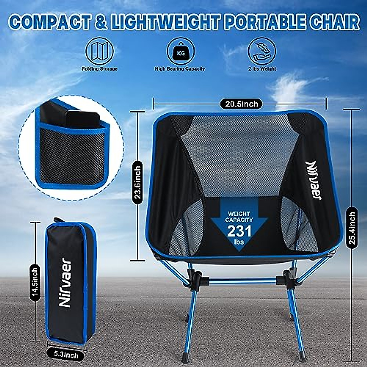 Nirvaer Camping Chairs, Ultralight Folding Camping Chairs, Compact Backpacking Portable Chair, for Hiking, Beach, Fishing, Outdoor Camp, Travel (Blue)