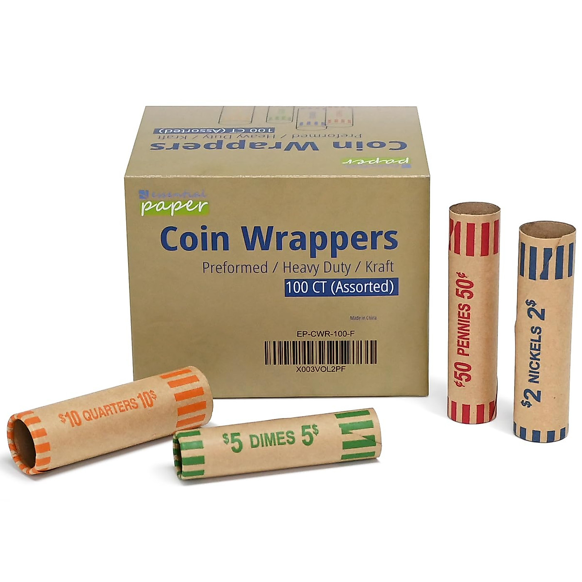 100pcs Assorted Heavy Duty Preformed Coin Wrappers Rolls - Quarters, Pennies, Nickels and Dimes (Total 100 pcs)
