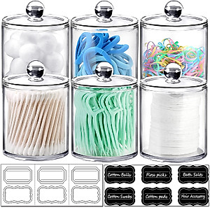 6 Pack of 12 Oz. Qtip Dispenser Apothecary Jars Bathroom with Labels - Qtip Holder Storage Canister Clear Plastic Acrylic Jar for Cotton Ball,Cotton Swab,Cotton Rounds,Floss Picks, Hair Clips (Clear)
