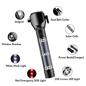 Serjur 8 in 1 Multi Function Flash Light,USB Rechargeable Solar Powered Flashlight with Glass Breaker,Seatbelt Cutter,Alarm and Phone Charger, Car LED Tactical Flashlight for Emergencies
