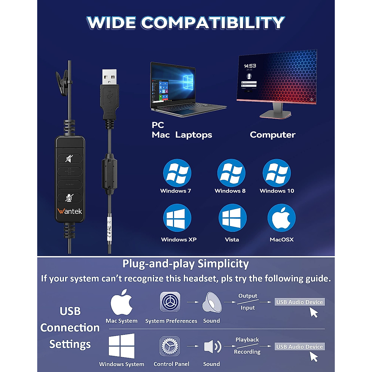 Wantek Corded USB Headset with Microphone Noise Cancelling & in-line Controls, Computer Headphones for Laptop PC Skype Zoom Webinar Classroom Home Office Business, Clear Chat, Ultra Comfort(UC602)