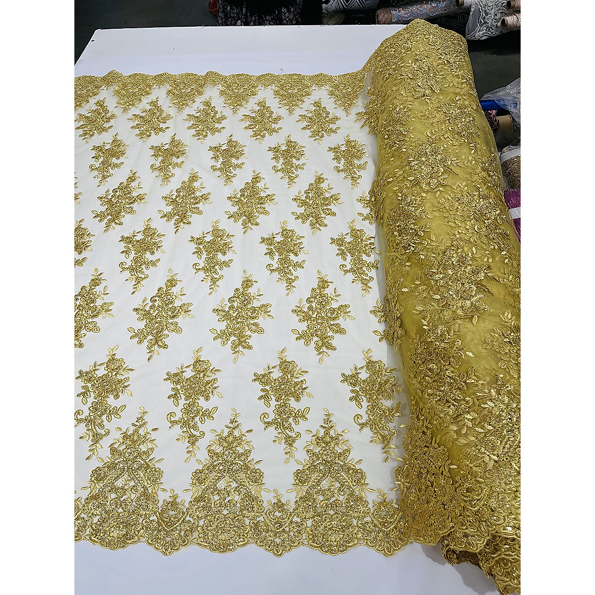 New Creations Fabric & Foam Inc, 50" Wide Floral Design Embroidery On A Mesh Lace with Sequins and Cord Fabric (1 Yard, Metallic Gold)