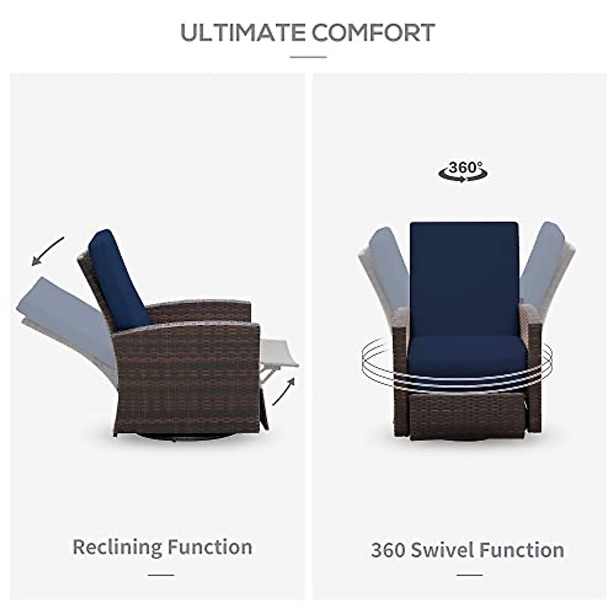Outsunny Outdoor Wicker Swivel Recliner Chair, Reclining Backrest, Lifting Footrest, 360° Rotating Basic, Water Resistant Cushions for Patio, Dark Blue