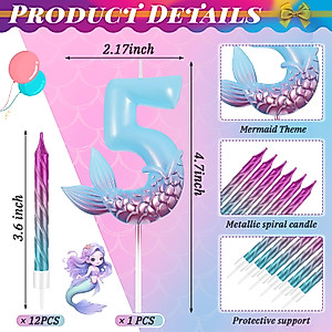 MTLEE 13 Pcs Birthday Candles Set 1 Mermaid Birthday Candle with 12 Pcs Rainbow Spiral Candles Mermaid Cake Toppers Mermaid Birthday Decorations Mermaid Theme Birthday Cake Candles (Number 5)