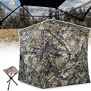 HUNT MONSTER Hunting Blind 2-3 Person with Tri-Leg Hunting Stool, 270 Degree See Through Pop up Ground Blinds for Deer Turkey Duck Hunting, Bow Hunting Adjust Windows with Silent Zipper