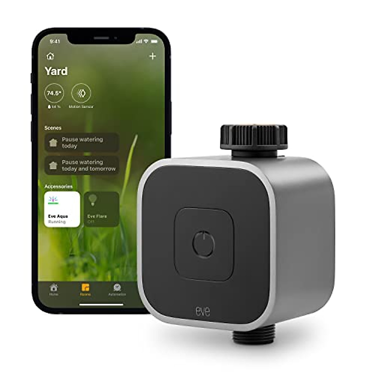 Eve Aqua – Smart water controller for Apple Home app or Siri, irrigate automatically with schedules, easy to use, remote access, no bridge, Bluetooth/Thread, HomeKit