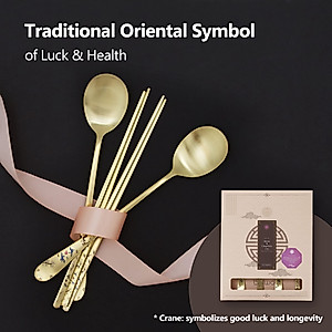 BALWOO [2 Sets] [Made in Korea] Crane Painting Design Korean Table Sticky Rice Spoon and Chopsticks 304 Stainless Steel Gold Titanium Plated Mukbang Cutlery