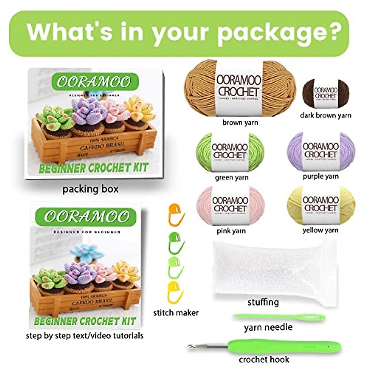 OORAMOO Crochet Kit for Beginners - 4Pcs Succulents, Beginner Crochet Starter Kit for Complete Beginners Adults, Crocheting Knitting Kit with Step-by-Step Video Tutorials
