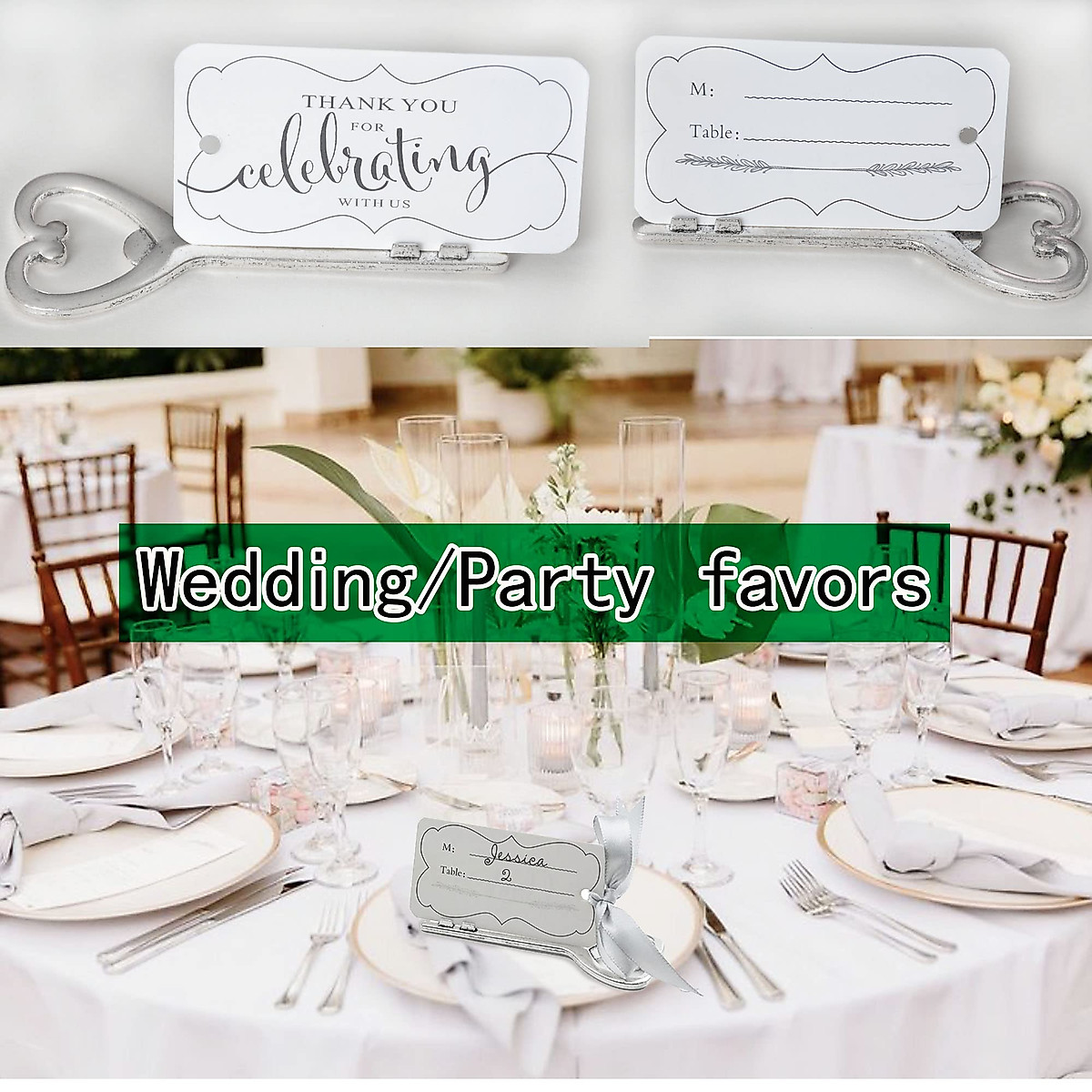 Aokbean 50pcs Place Card Holder Heart Shaped Key Bottle Opener for Wedding Party Table Name Cards Guest Gift with French Ribbon