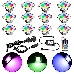 YZGWZLD Recessed LED Decking in-groung Lights Kits,12 Pack RGB Multi-Color Square Outdoor/Indoor LED Decor Light with Remote Control IP67 Waterproof,Low Voltage for Garden Yard Steps Stair Patio