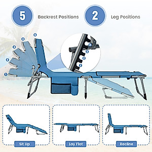 GYMAX Lounge Chair for Outside, 400 LBS Tanning Chair with Face/Arm Hole, Adjustable Backrest & Hand Shoulder Strap, Sunbath Beach Chaise Lounge for Outdoor, Backyard, Poolside (1, Blue)