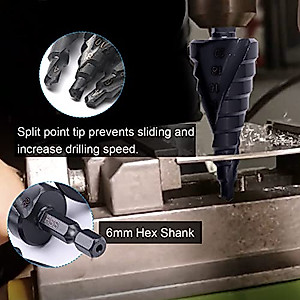 LWCUSNJ 4 Piece Step Drill Bit Set and Automatic Center Punch, HSS Nitriding Black Spiral Fluted Drill Bits for Hardened Metal, Stainless Steel, Wood, Plastic,6mm Hex Shank,Sizes 4-12mm/4-20mm/4-32mm