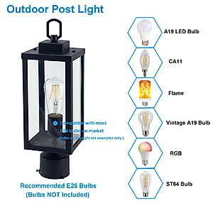 YaoKuem Outdoor Post Light, Pole Lantern, E26 Base 60W Max, Metal Housing Plus Glass, Wet Location Rated, Bulbs not Included, Matte Black, 1 Pack