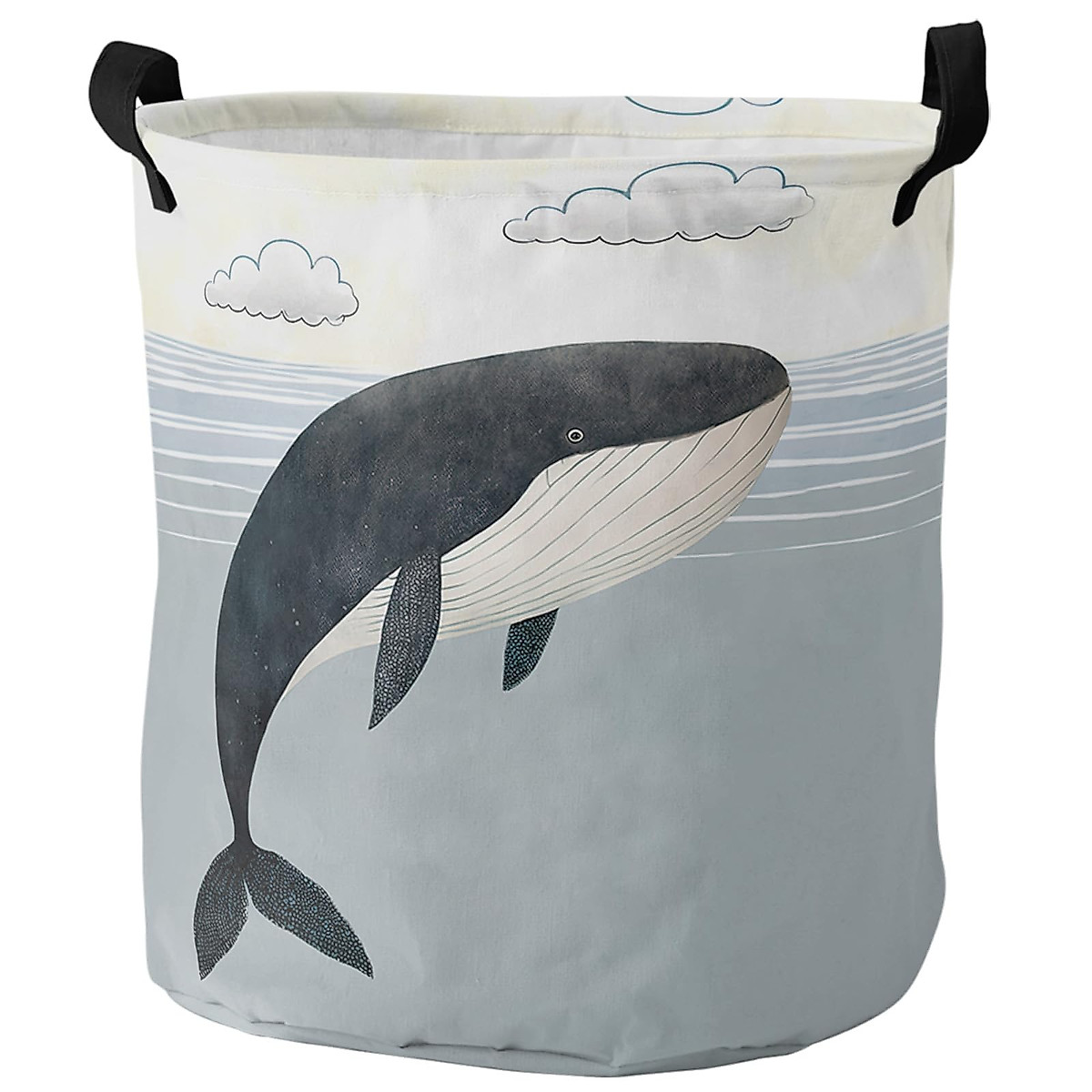 Whale Large Laundry Basket, Waterproof Laundry Hamper for Baby Clothes, Blue Sea Underwater Clouds Sky Cartoon Draw Foldable Laundry Baskets with Handles, 16.5''x17''