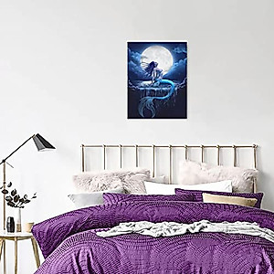 Mermaid Wall Art Moon Canvas Paintings with Framed Beach Picture Sea Artwork Prints Home Decor Hang for Bathroom Living Room Bedroom Kitchen 12x16 Inch