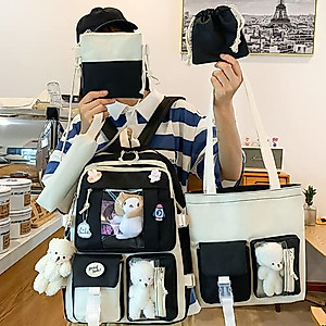 TABANA Kawaii Aesthetic School Backpack 5Pcs Combo Set with Cute Bear Pendant Pins Daypack Small Laptop School Bag Essential Kit (Black)