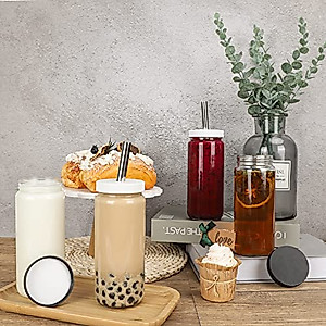 TOMNK 16 Pack 16oz Glass Juice Bottles with Lids and Straws Travel Drinking Glass Bottles with Caps Reusable Juice Jars Smoothie Cups for Tea, Kombucha, Boba Milk, Fruit Drinks, Beverage