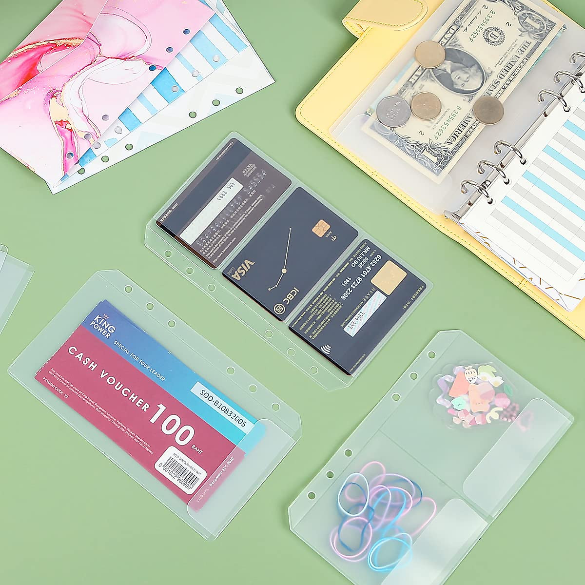 QiXin 60pcs A6 Binder Pocket no Zipper Clear Budget Planner Inserts Bulk Budget Binder Organizer Cash Envelopes for Budgeting Waterproof PVC Loose Leaf Bags Card Sleeves for 6 Ring Notebook