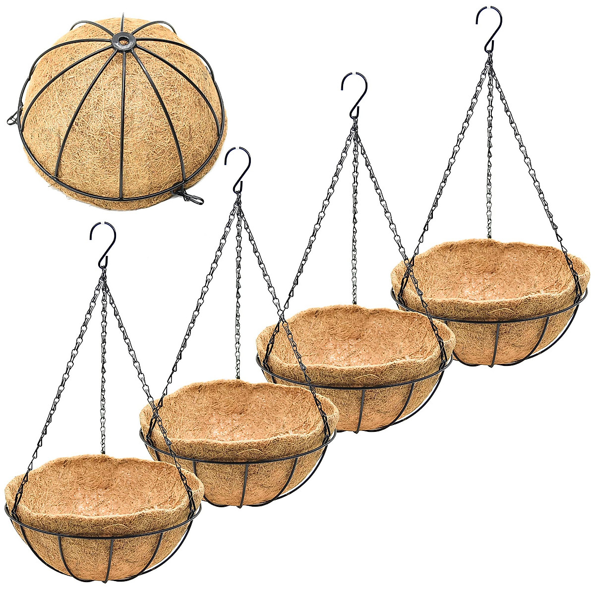Qusuxi 4 Pack 8 Inch Hanging Baskets for Plants Outdoor Metal Hanging Planter Hanging Flower Baskets with Coco Fiber Liners Chain Round Wire Plant Holder Hanging Flower Pots(Watermelon)