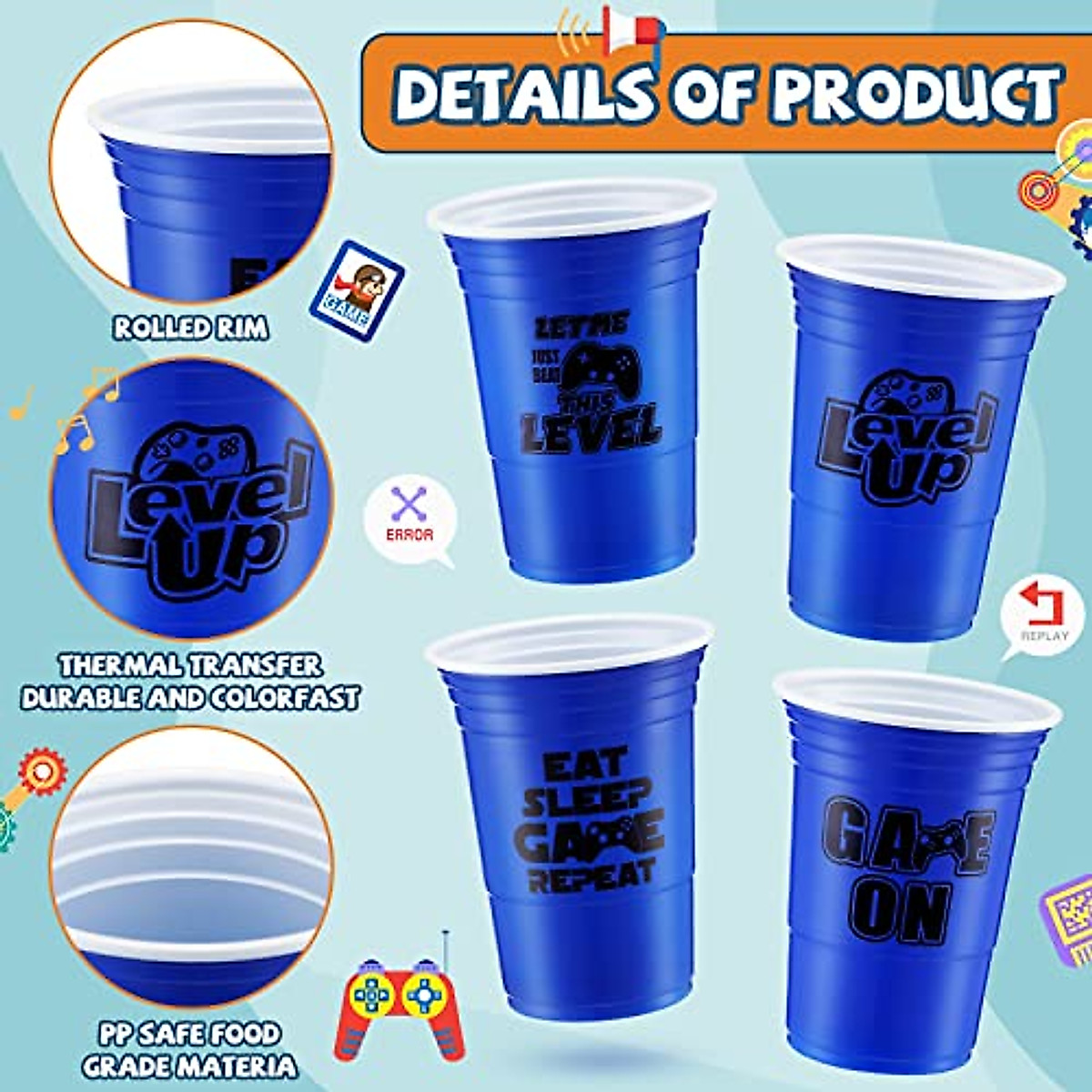48 Pcs Disposable Video Game Party Plastic Cups, 16 oz Blue Video Game Party Favors Plastic Stadium Cups, Hot Cold Drinks for Kids Gamer Birthday Video Game Party Decorations, 4 Design