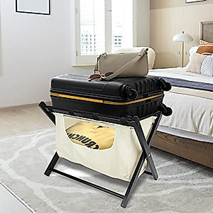 Babion Folding Luggage Racks with Shelf, Wooden Suitcase Stand, 2 Tier Foldable Luggage Racks with Heavy Duty Nylon Belts, Suitcase Bag Holder for Bedroom Guest Room, 4 Pack