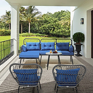 YITAHOME Patio Furniture L-Shaped Coversation Sectional Outdoor Sofa Set for Backyard, Porch with Thick Cushions Detachable Lounger, Side Table (Gray+Navy Blue)