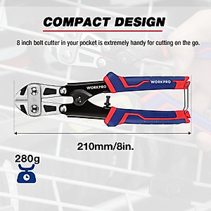 WORKPRO Mini Bolt Cutter 8-inch, Spring Loaded Wire Cutters Heavy Duty with Soft Anti-slip Handle, Small Bolt Cutter, Wire Cable Cutter, Spring Snips Clippers (Upgrade Grip)
