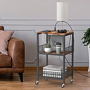 NORCEESAN End Table with Charging Station 3-Tier Side Table with USB Ports and Outlets Nightstand with Wheels Bedside Table with Storage Shelves for Bedroom, Living Room, Rustic Brown