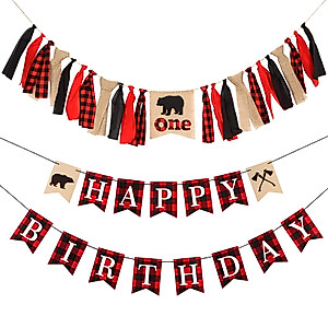 Boao Lumberjack First Birthday Party Decorations Lumberjack Buffalo Plaid 1st Highchair Banner Camping Wild Bear Birthday Party High Chair Banner for Baby Boy Girl Photo Props Backdrop Decors