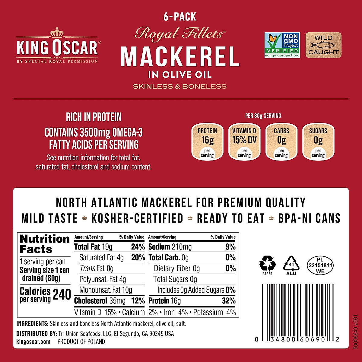 King Oscar Skinless & Boneless Mackerel in Olive Oil, 4.05-Ounce Cans (Pack of 6)