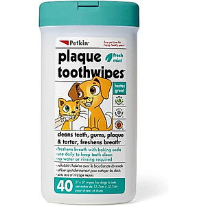 Petkin Cat and Dog Dental Wipes, 40 Wipes (Fresh Mint) - Natural Formula Cleans Teeth, Gums & Freshens Breath - for Daily Use - Convenient Dog Dental Care - 1 Pack of 40 Wipes