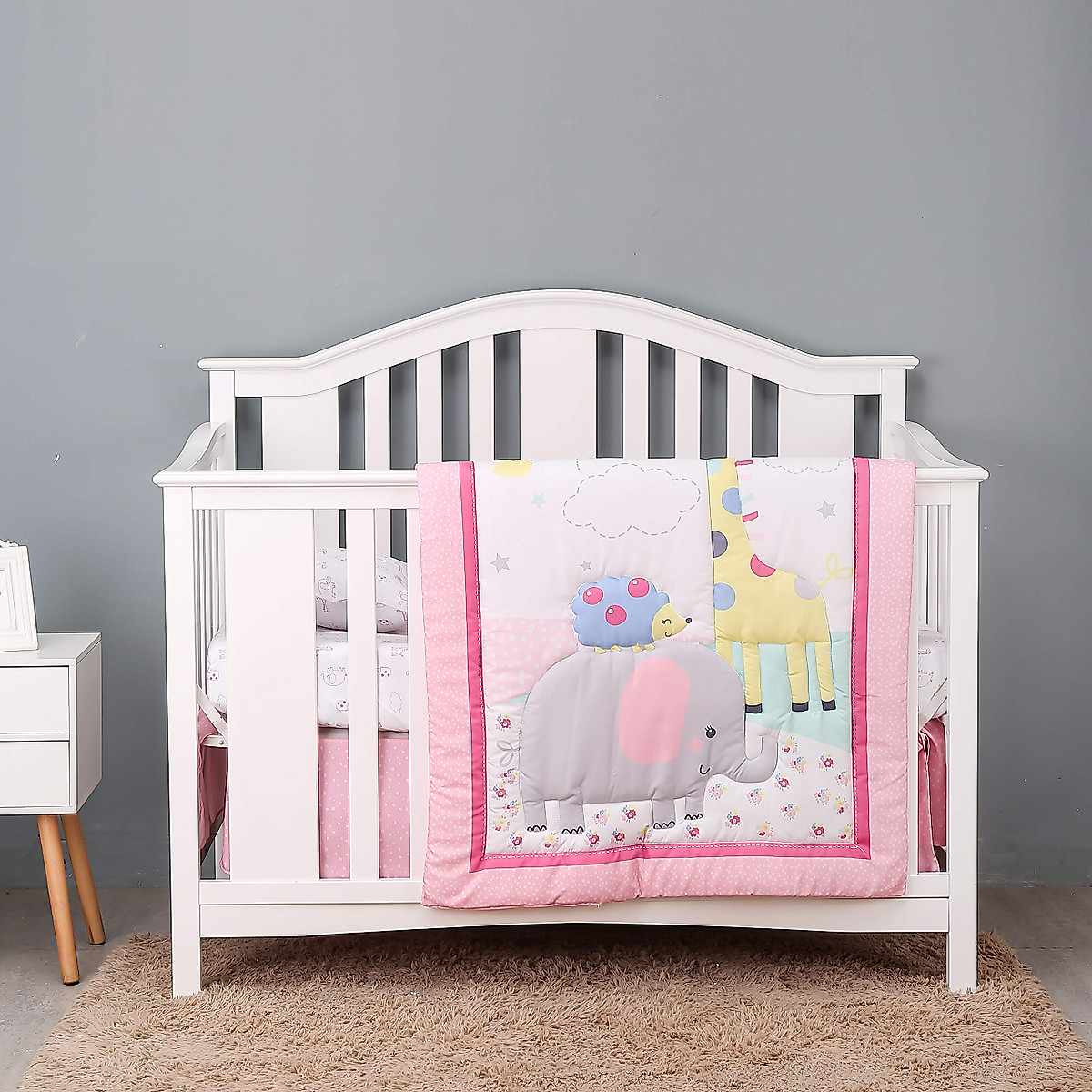 Brandream Baby Crib Bedding Set for Girl Boy Elephant Nursery Bedding with Comforter Fitted Sheet Bed Skirt Diaper Stacker Jungle Animal Elephant Giraffe Bird Design, 4 Piece