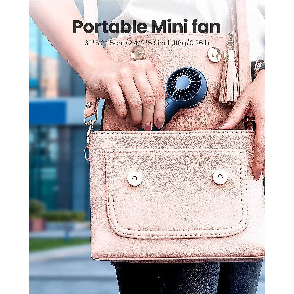 Gaiatop Mini Portable Fan, Navy Blue, Cute Design, Powerful Wind, Handheld and Desktop, Rechargeable Battery