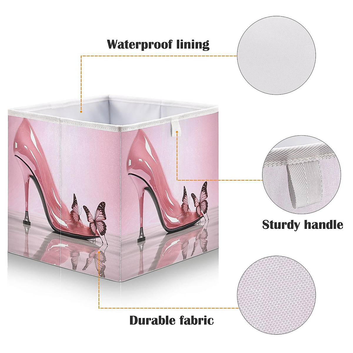Haskirky Pink High Heels Foldable Collapsible Storage Box Bins,11x11x11 Inch Cubes Baskets Fabric Storage Bins with Handles for Shelves Nursery Closet Home Decor