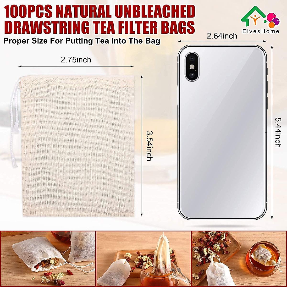 100 Pack Tea Filter Bags with Drawstring, Tea Filter Bags for Loose Tea, Reusable Tea Filter Bags, Disposable Tea Infuser Sachets for Tea Leaf Coffee Brew, Cheesecloth Mesh Muslin Strain Bags 3x4 inch