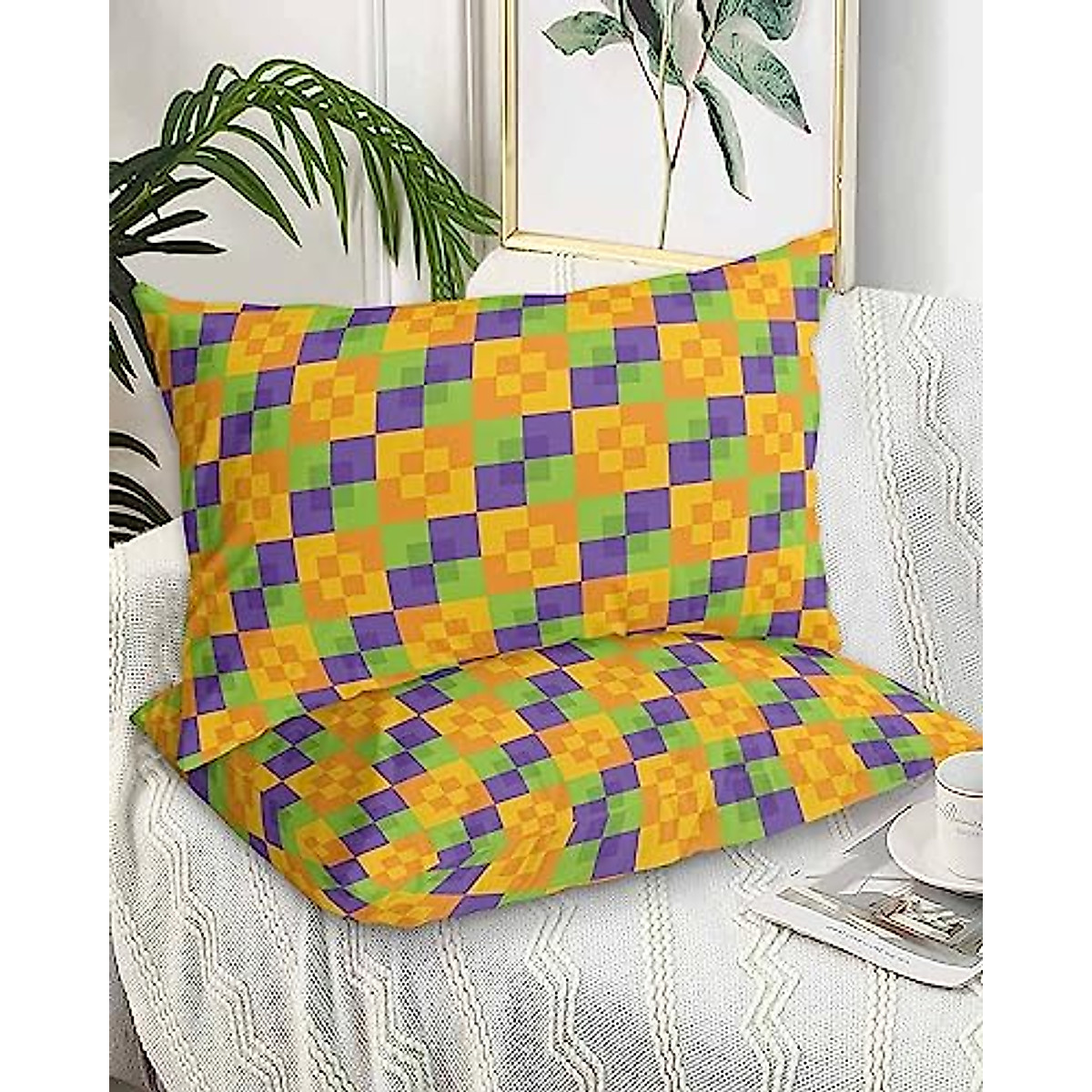 Edwiinsa Halloween Pillow Covers King Standard Set of 2 Bed Pillow, Yellow Green Purple Plaid Checkered Geometric Plush Soft Comfort for Hair/Skin Cooling Pillowcases with Envelop Closure 20''x36''
