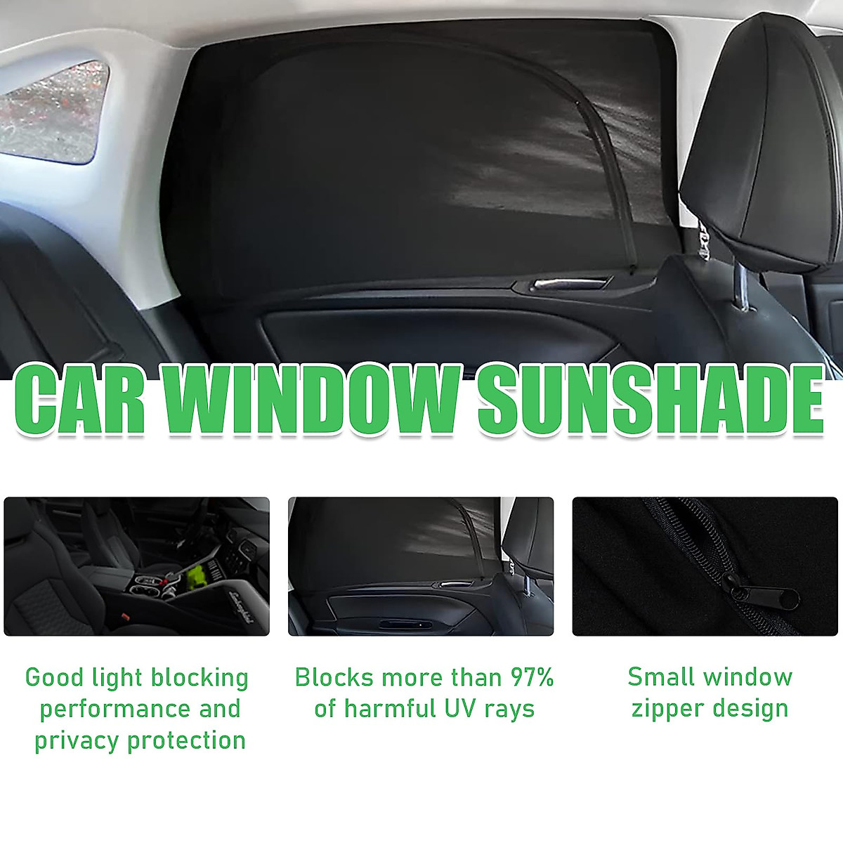 Kewucn 2PCS Car Window Shade, 23.6"×20" Zipper Breathable Mesh Side Window Sun Shades Covers, Glare and UV Rays Protection for Baby, Auto Camping Privacy Sun Protector Fits Most Cars (Rear Window)