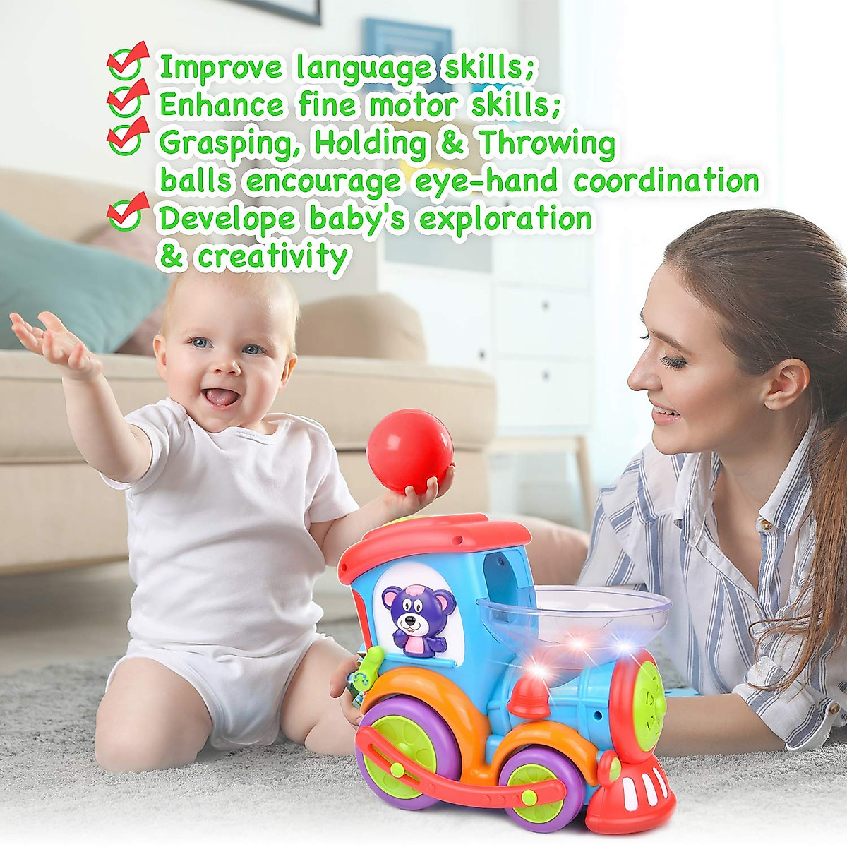 Kidpal Toddler Boy Toys Age 1-2, Baby Toy Train for 12-18 Months with 3 Balls, Light/ Chase/ Ball Popper/ Music Early Educational Toys for 1 2 3 Year Old Boys& Girls Christmas Birthday Gifts