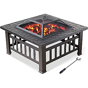 LEAYAN Garden Fire Pit Grill Bowl Grill Barbecue Rack Fire Pit,Outdoor Wood Burning Firebowl Fireplace Poker Spark Screen Retardant Mesh Lid Extra Deep Large Square Deck Heavy Duty Metal Grate