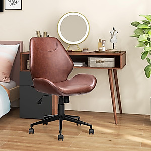 COSTWAY Armless Office Desk Chair, Mid-Back PU Leather Computer Task Chair with Rocking Back & Swivel Seat, Ergonomic Adjustable Leisure Chair with 5-Claw Metal Base for Home Office, Brown